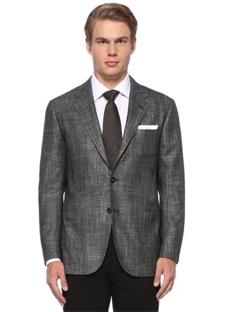 Kiton Erkek Gri Kelebek Yaka Silik Desenli Yün Ceket 52 IT