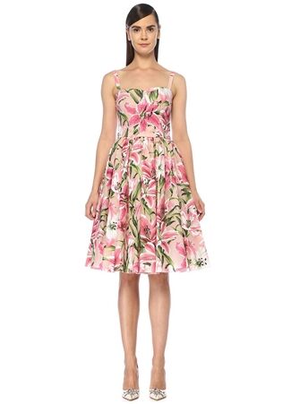 Dolce&Gabbana Kadın Lilium Pembe Kalp Yaka Çiçekli Midi Organza Elbise 40 IT