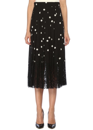 Dolce&Gabbana Kadın Siyah Puantiyeli Ucu Dantelli Midi İpek Etek 38 IT