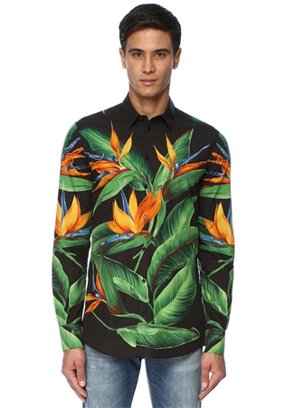 Dolce&Gabbana Erkek Martini Siyah Yeşil Yaprak Baskılı Gömlek 38 IT