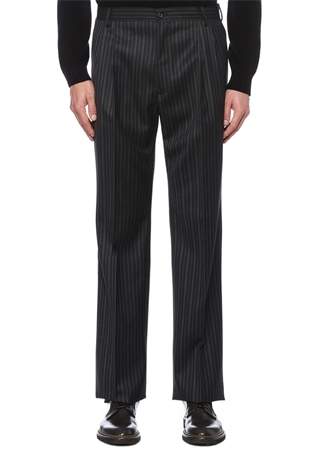 Dolce&Gabbana Erkek Antrasit Normal Bel Çizgili Pilili Yün Pantolon Gri 50 IT