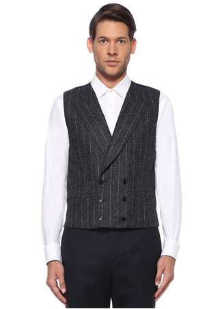 Dolce&Gabbana Erkek Füme Kırlangıç Yaka Çizgili Kruvaze Yelek Gri 48 IT