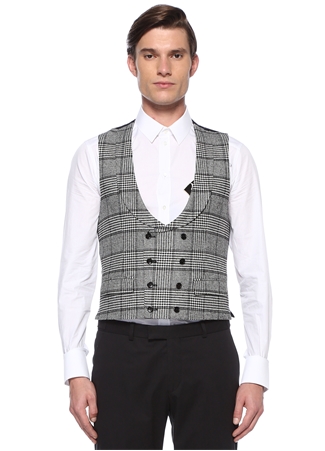 Dolce&Gabbana Erkek Siyah Beyaz Şal Yaka Ekoseli Kruvaze Yün Yelek Gri 50 IT