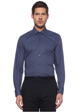 Pal Zileri Erkek Lacivert Mikro Desenli İngiliz Yaka Gömlek Mavi 38 IT