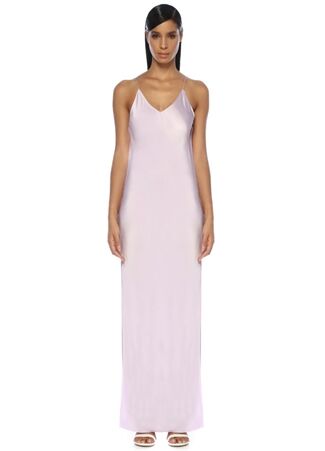 Helmut Lang Kadın Lila V Yaka İnce Askılı Maksi Saten Elbise Mor XS EU