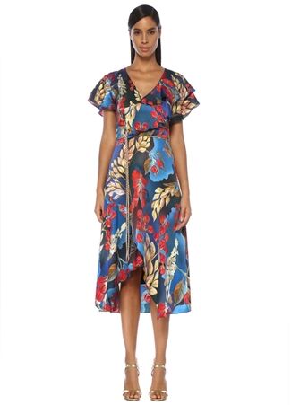 Peter Pilotto Kadın Mavi V Yaka Çiçekli Midi İpek Kokteyl Elbise 8 US