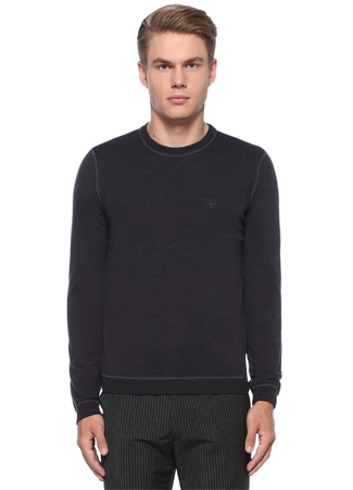 Prada Erkek Antrasit Bisiklet Yaka Logo İşlemeli Yün Kazak Gri 48 IT