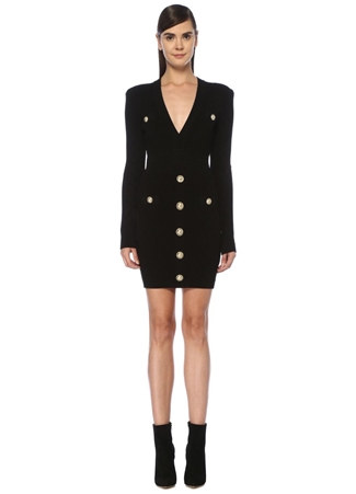 Balmain Kadın Siyah V Yaka Düğmeli Uzun Kol Mini Triko Elbise 38 Fr