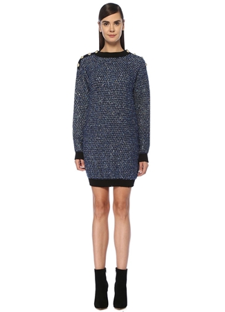 Balmain Kadın Mavi İşlemeli Omzu Gold Düğmeli Mini Triko Elbise 34 FR