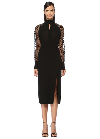 Balmain Kadın Siyah Puantiyeli Tül Garnili Midi İpek Elbise 38 FR