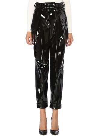 Balmain Kadın Siyah Yüksek Bel Pilili Vinil Pantolon 34 FR