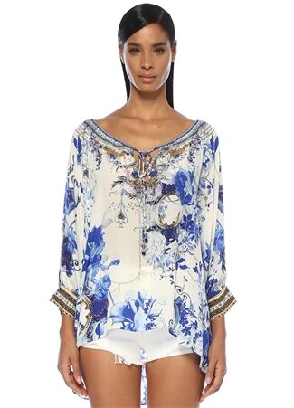 Camilla Kadın Saint Germaine Mavi Çiçekli Reglan Kol İpek Bluz EU
