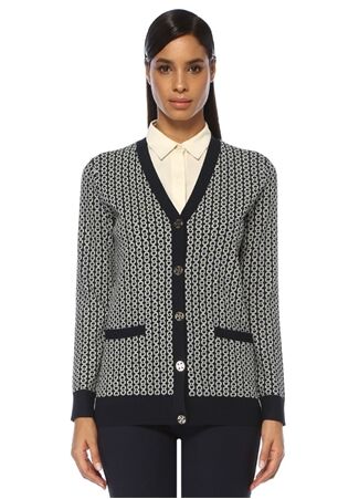 Tory Burch Kadın Lacivert V Yaka Zincir Desenli Düğmeli Hırka M EU