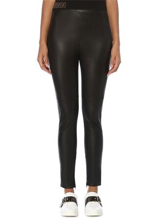 Fendi Kadın Siyah Beli Logo Bantlı Dar Paça Deri Pantolon 40 IT