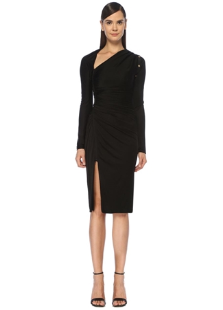 Versace Kadın Siyah Asimetrik Yaka Detaylı Drapeli Midi Elbise 38 It