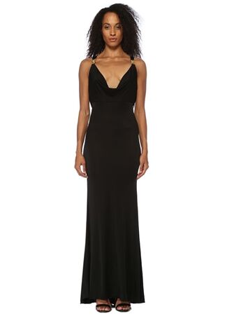 Versace Kadın Siyah Gold Tokalı Degajeli Maksi Saten Elbise 42 IT