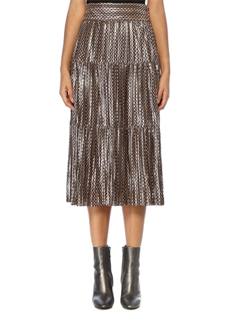 Ba&Sh Kadın Poly Gold Zikzak Desenli Pilili Midi Etek Altın Rengi 0 US