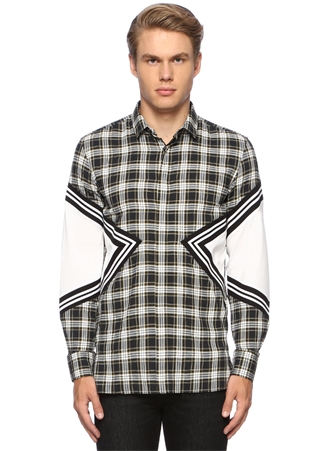 Neil Barrett Erkek Slim Fit Sarı Küçük Yaka Ekoseli Garnili Gömlek Siyah S EU