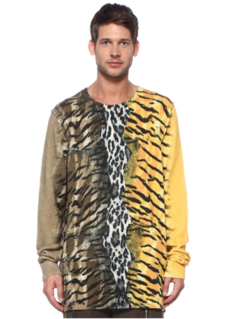 Neil Barrett Erkek Sarı Kaplan Desenli Dokulu Colorblocked Kazak L EU