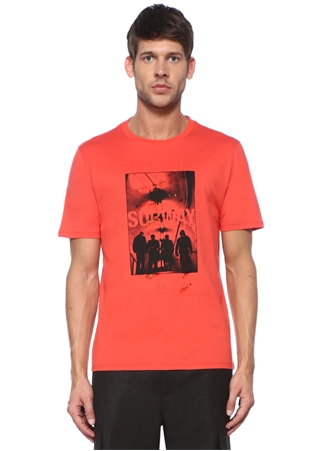 Neil Barrett Erkek Kırmızı Baskılı Yıpratma Detaylı Basic T-shirt L EU