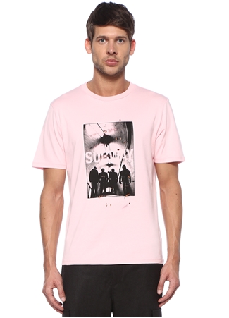 Neil Barrett Erkek Pembe Baskılı Yıpratma Detaylı Basic T-shirt S EU