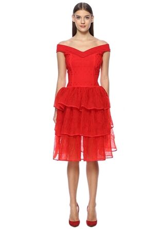 Alexander McQueen Kadın Kırmızı V Yaka Tütü Detaylı Midi Kokteyl Elbise S EU