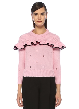 Alexander McQueen Kadın Pembe Siyah Fırfırlı Truvakar Kol Kaşmir Kazak M EU