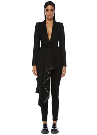 Alexander McQueen Kadın Siyah Asimetrik Drape Detaylı Yün Ceket 40 IT