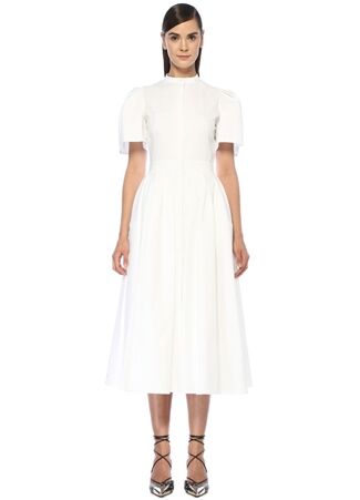 Alexander McQueen Kadın Beyaz Pike Dokulu Karpuz Kol Midi Elbise 40 IT