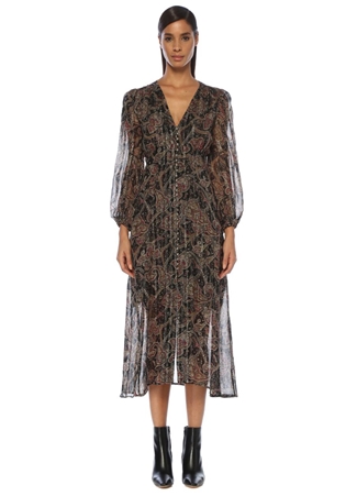 The Kooples Kadın Siyah V Yaka Şal Desenli Çizgili Midi İpek Elbise 0 US