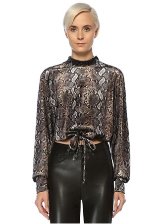 The Kooples Kadın Yılan Derisi Desenli Crop Kadife Sweatshirt Siyah US