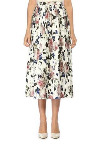 Erdem Kadın Nolana Beyaz Çiçekli Pilili Midi Saten Etek 2 US