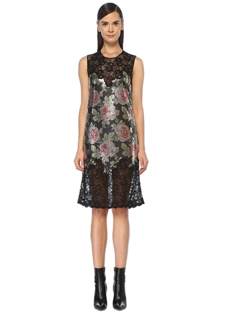 Paco Rabanne Kadın Siyah Gül Desenli Dantelli Midi Kokteyl Elbise Pembe 36 IT