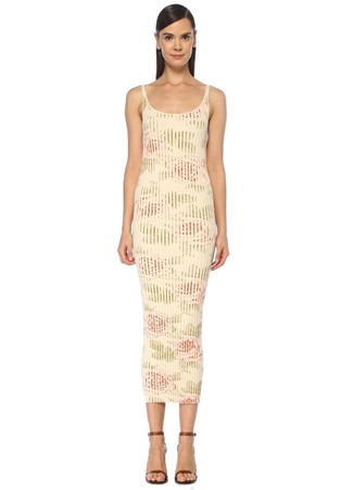 Paco Rabanne Kadın Ekru Gül Desenli Gold Düğmeli Midi Elbise Beyaz M EU