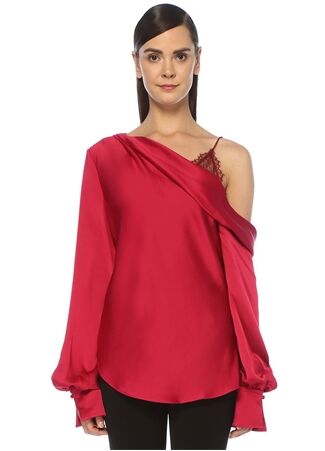 Jonathan Simkhai Kadın Kırmızı Tek Omuzlu Drapeli Bluz 2 US