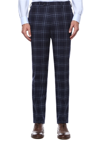 Rota Erkek Lacivert Mavi Normal Bel Kareli Yün Pantolon 48 IT