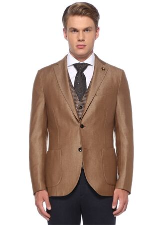 Lardini Erkek Drop 7 Kamel Balıksırtı Dokulu Yün Ceket Kahverengi 50 IT