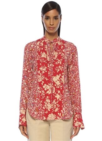 Polo Ralph Lauren Kadın Kırmızı Yakası Bağlı Çiçek Desenli Krep Bluz XS EU