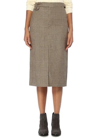 Polo Ralph Lauren Kadın Bej Kazayağı Desenli Yırtmaçlı Midi Kalem Etek 0 US