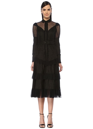 Alexis Kadın Evarra Siyah Tül Garnili Kemerli Midi Elbise S EU
