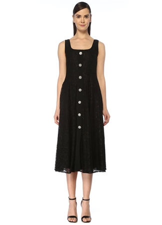 Beymen Club Kadın Siyah Taş Düğmeli Midi Dantel Elbise 36