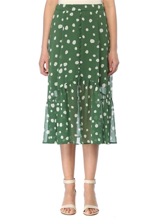 Beymen Club Kadın Yeşil Beyaz Puantiyeli Midi Şifon Etek 42