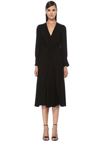 Sandro Kadın Minella Siyah V Yaka Önü Düğümlü Midi Elbise 36 FR