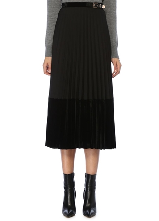 Sandro Kadın Siyah Kemerli Kadife Garnili Pilili Midi Etek 0 FR