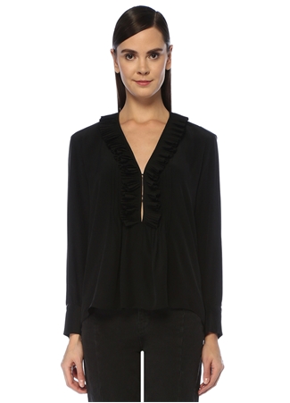 Sandro Kadın Andi Siyah V Yaka Pili Detaylı İpek Gömlek 0 FR