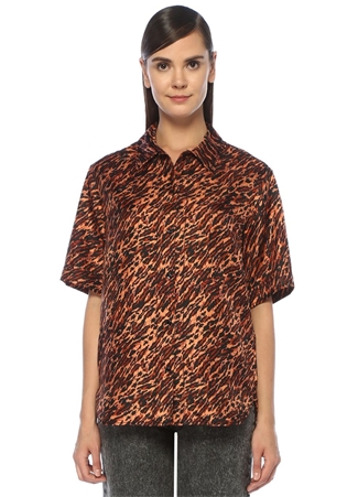 Sandro Kadın Evie Kaplan Desenli Kısa Kol İpek Saten Gömlek Kahverengi 2 FR