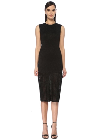 Academia Kadın Siyah Simli Ucu Pilili Kolsuz Midi Triko Elbise XS