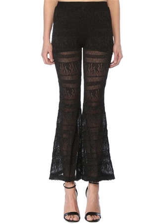 Academia Kadın Siyah Simli Jakarlı Bol Paça Triko Pantolon XS