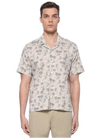 Beymen Club Erkek Gri Palmiye Baskılı Apaç Yaka Gömlek Beyaz L