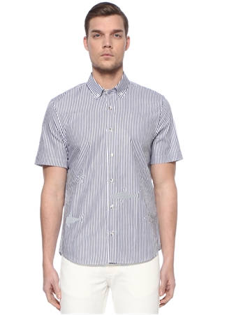 Beymen Club Erkek Slim Fit Reflektif Balık Baskılı Çizgili Gömlek Mavi S